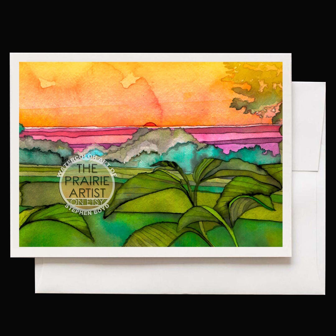 Great Plains Prairie Watercolor Sunset Note Card, Midwest Rolling Hills ...