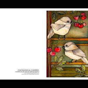 Chickadees and Cherries Watercolor Greeting Card, Chickadee Note, Blank All Occasion Card, Bird ...