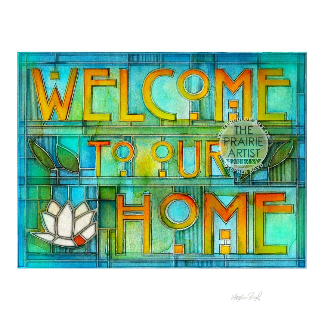 Lotus Flower Entry Welcome Sign Watercolor Art Print, Stained Glass ...