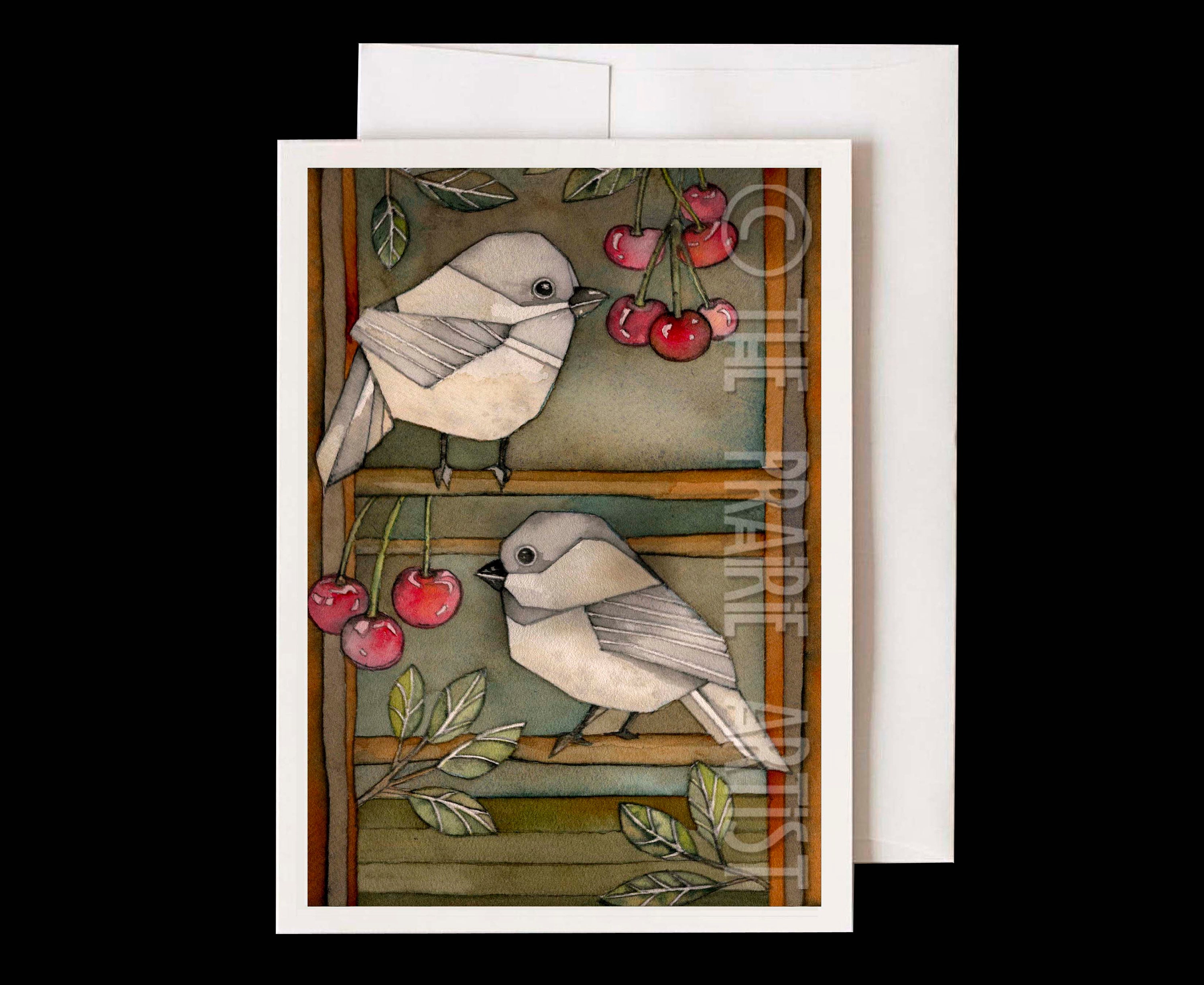 Chickadees and Cherries Watercolor Greeting Card Chickadee - Etsy