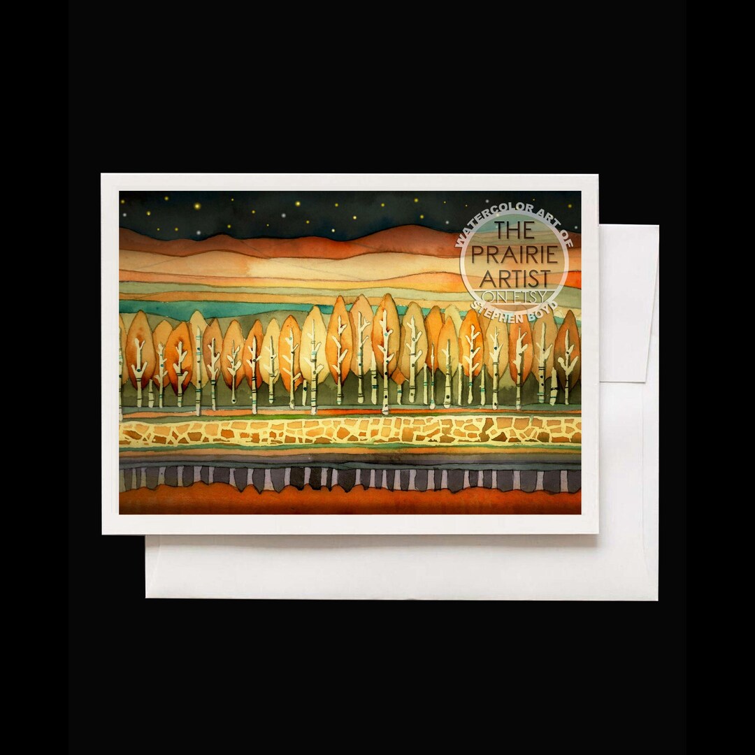 Autumn Golden Aspen Trees Nighttime View Watercolor Notecard, Moonlit ...