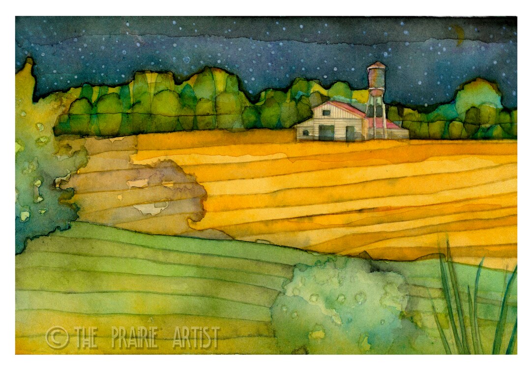 Prairie Farm Moonlit Watercolor Print, Ranch Print, Fields Nighttime ...
