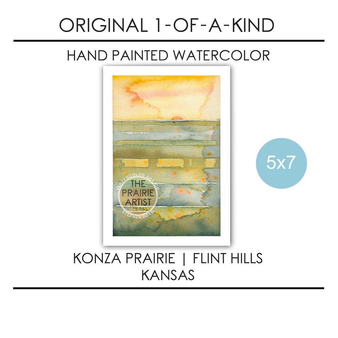 Konza Prairie Flint Hills Kansas Sunset HAND PAINTED Watercolor Art, 5 ...