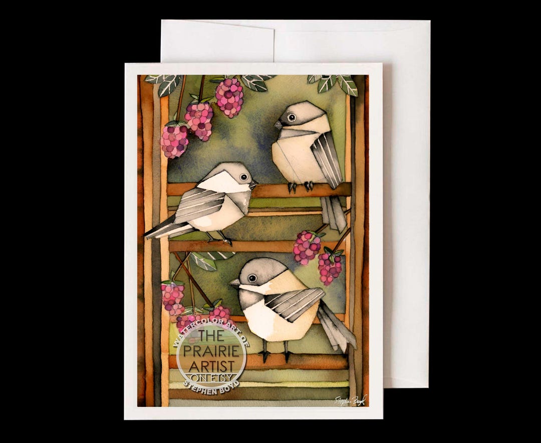 Chickadees and Berries Notecard, Black Capped Chickadee Bird Artwork ...