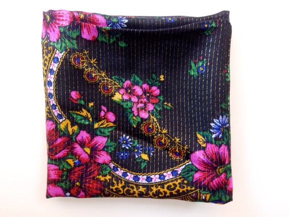 Vintage soviet lurex wool shawl russian black scarf with floral print ...
