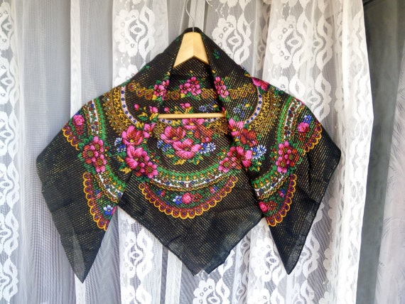 Vintage soviet lurex wool shawl russian black scarf with floral print ...