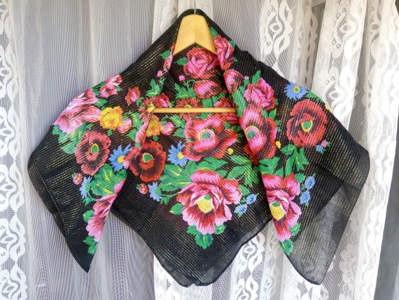Vintage soviet lurex wool shawl russian black scarf with floral print ...