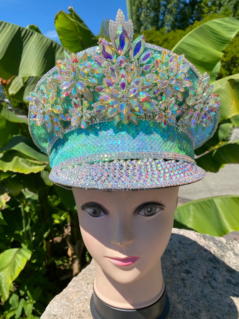 Aqua Sequin Captain Hat: Festival Hat, Military Hat, Rave, Cap, Costume ...