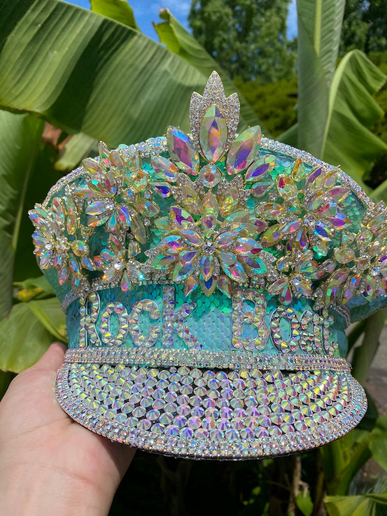 Aqua Sequin Captain Hat: Festival Hat, Military Hat, Rave, Cap, Costume ...