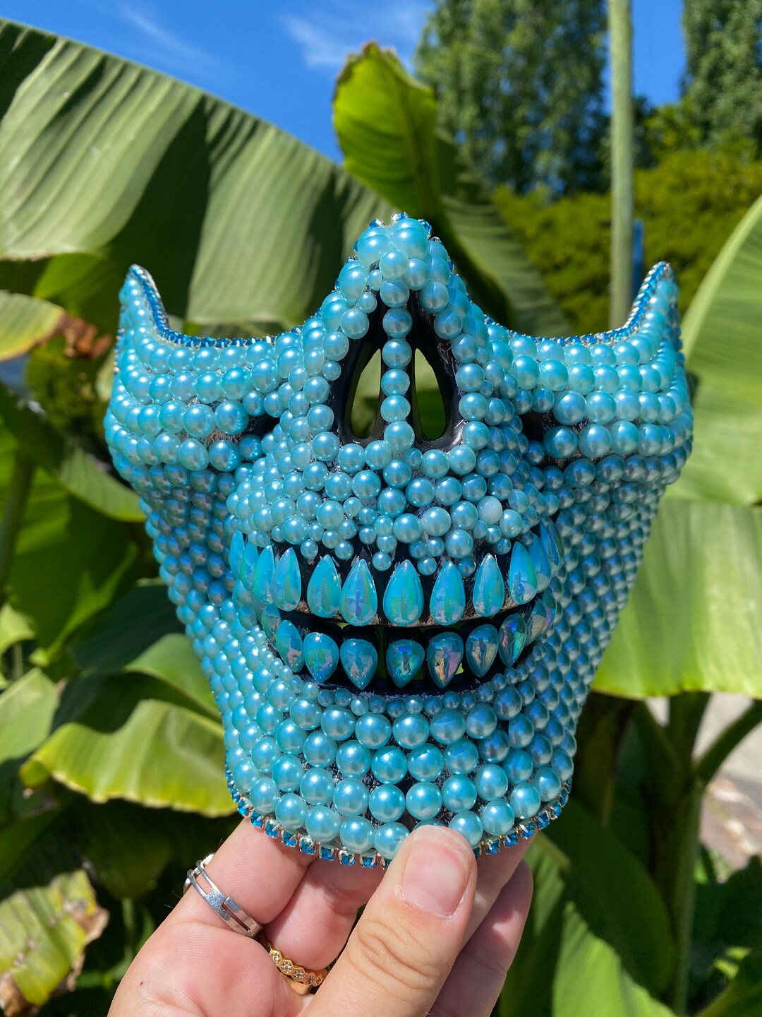 Skye Blue Pearl Skull Mask: Face Mask, Skull Mask, Tear Drops, Crystals ...