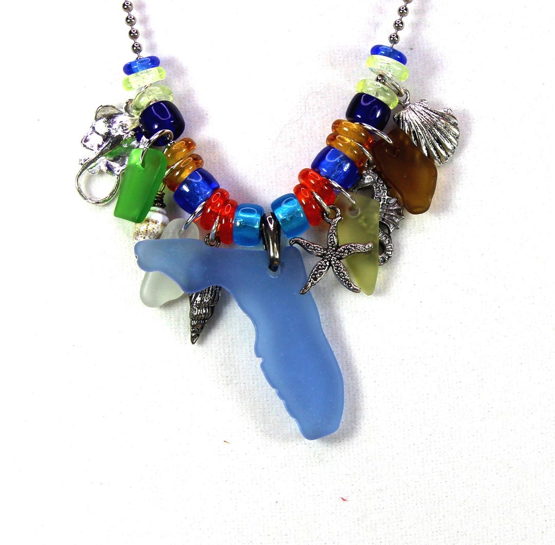 Florida State Culture Sea Glass & Charm Necklace, Sapphire Blue, One of ...