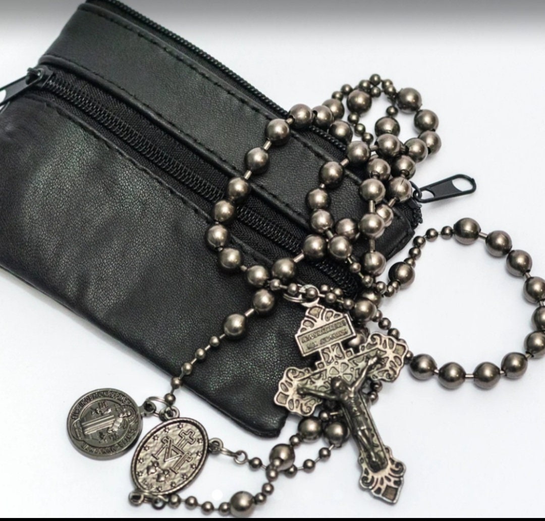Gunmetal WW1 Combat Rosary With Black Sheepskin Pouch - Etsy