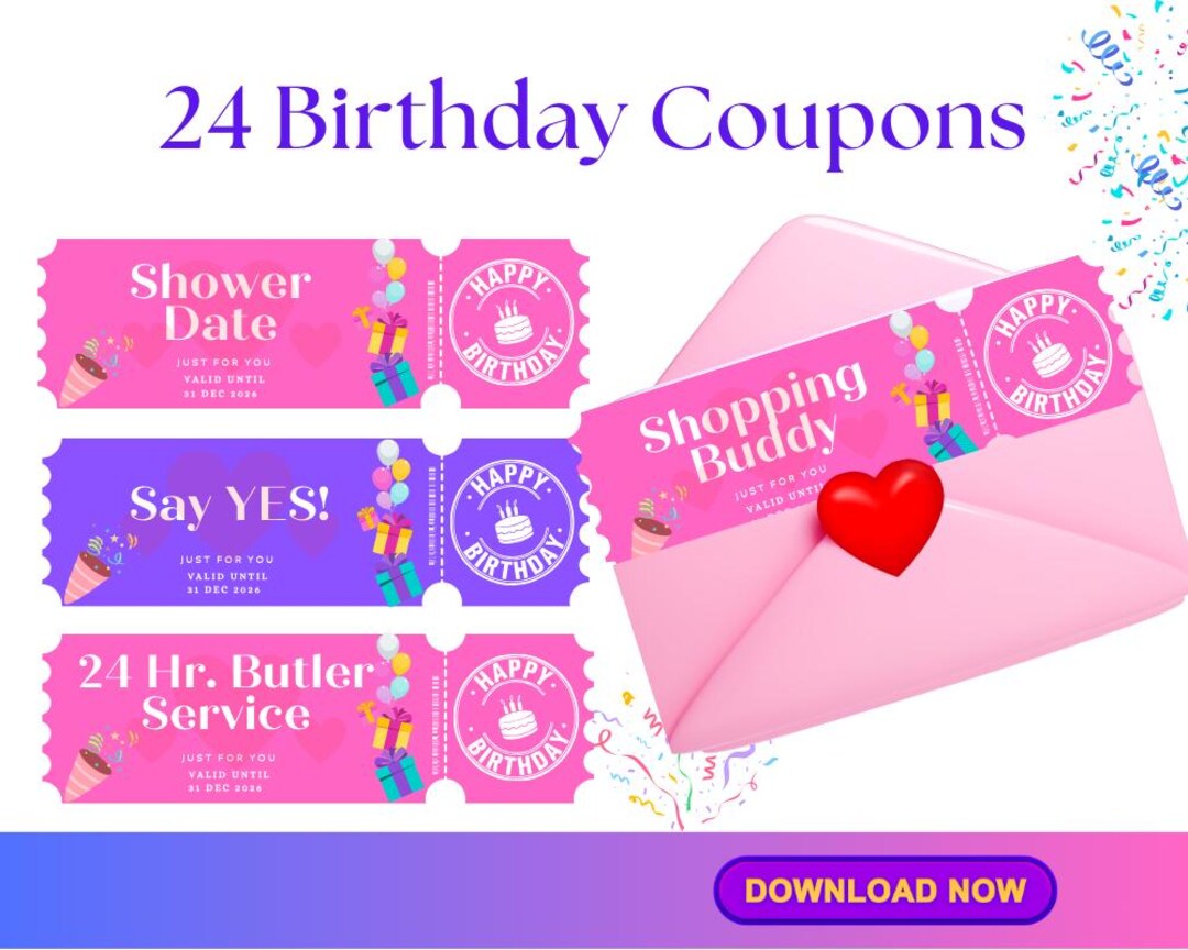 Digital Birthday Coupons| 24 Preprinted Editable Romantic Coupons ...