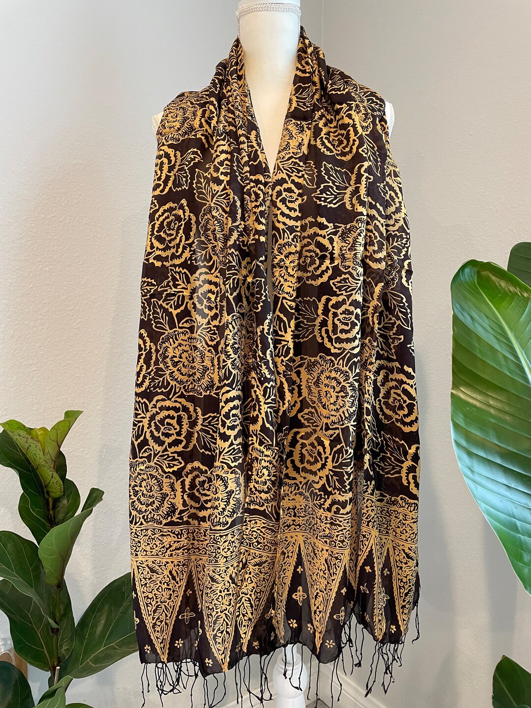 Rose Pattern Batik Silk Scarf, Indonesian Hand Stamp Batik Technic ...