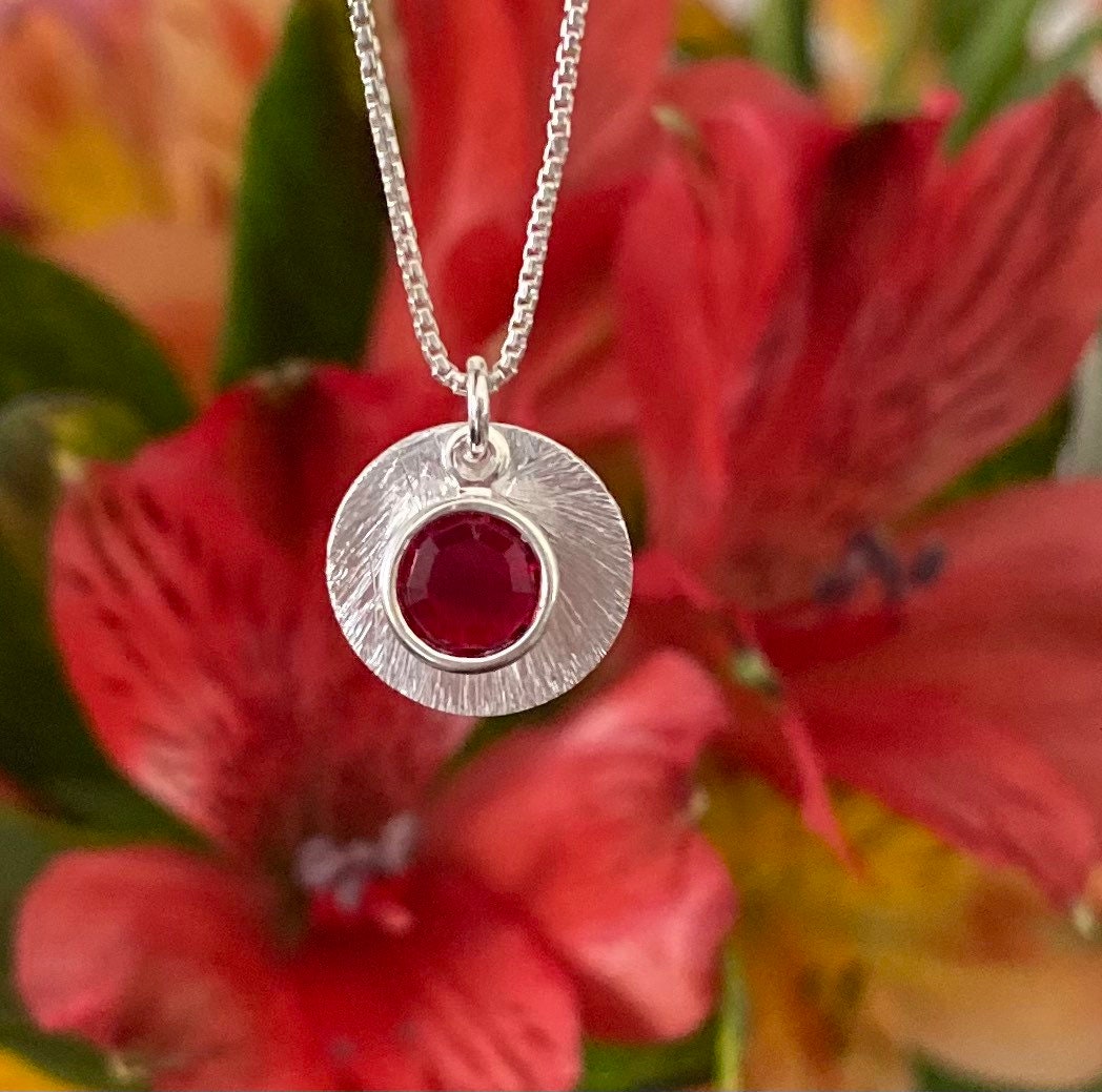 August Birthstone Necklace, Dainty, Sterling Silver Circle Pendant ...
