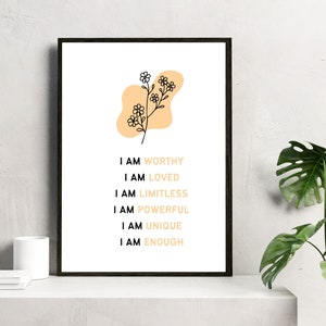 I Am Enough, I Am Loved, I Am Worthy, Positive Affirmation Printable ...