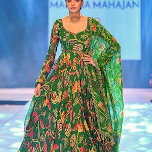 Floral Green Lehenga Set on Organza/ Custom Stiched/ Made to Measure ...