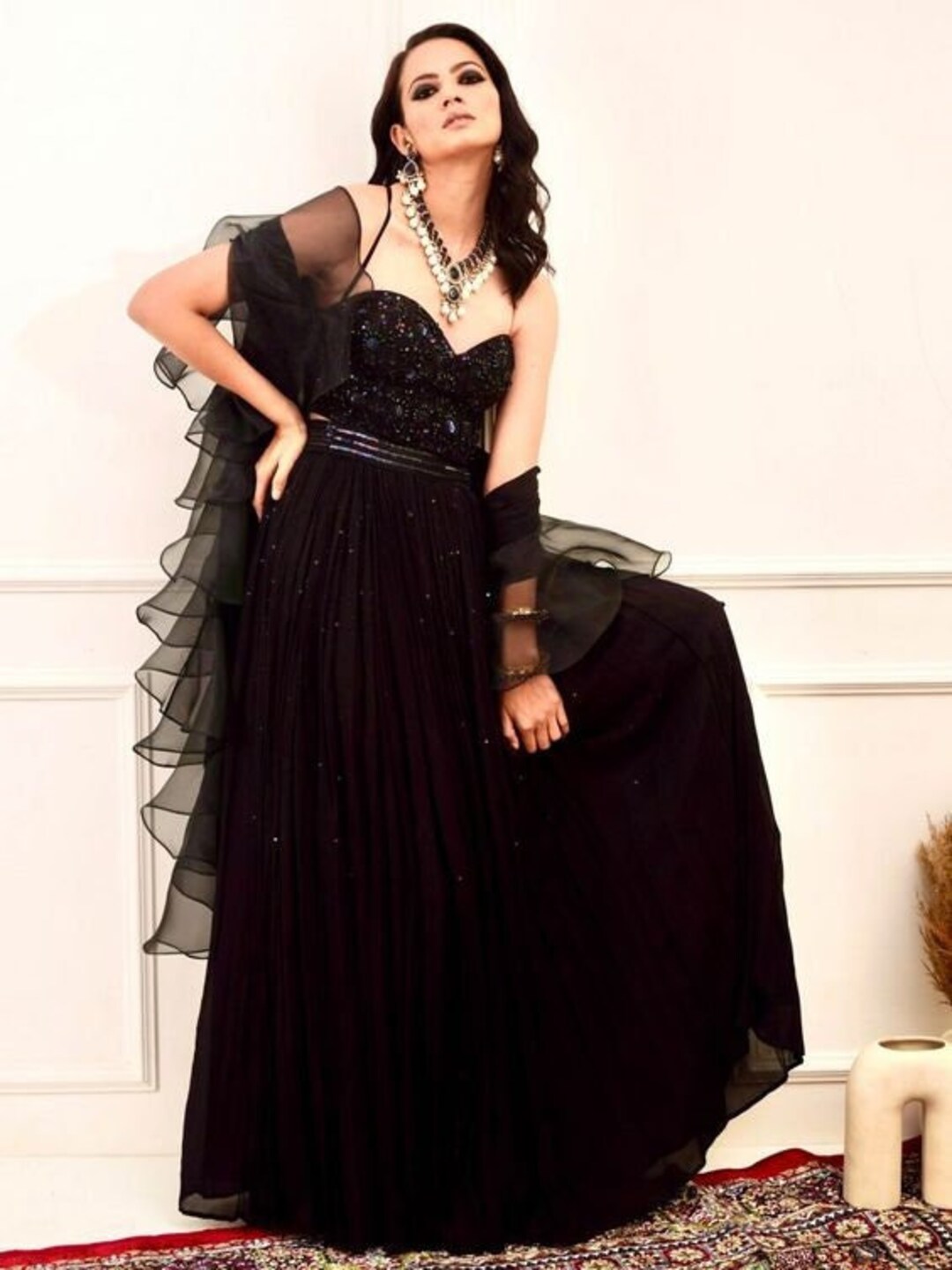 Black Lehenga Custom Stiched Indian Designer Black Sequence Choli Net ...