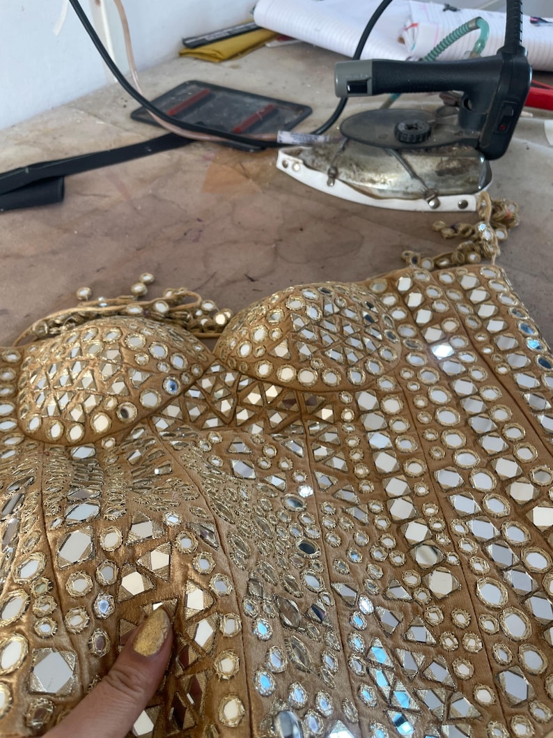 Mirror Work Corset Top: Handcrafted Gold Embellished Bustier, Party ...