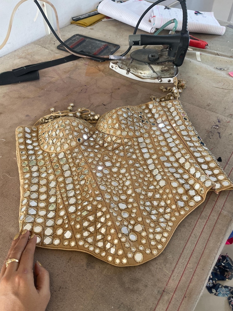 Mirror Work Corset Top: Handcrafted Gold Embellished Bustier, Party ...