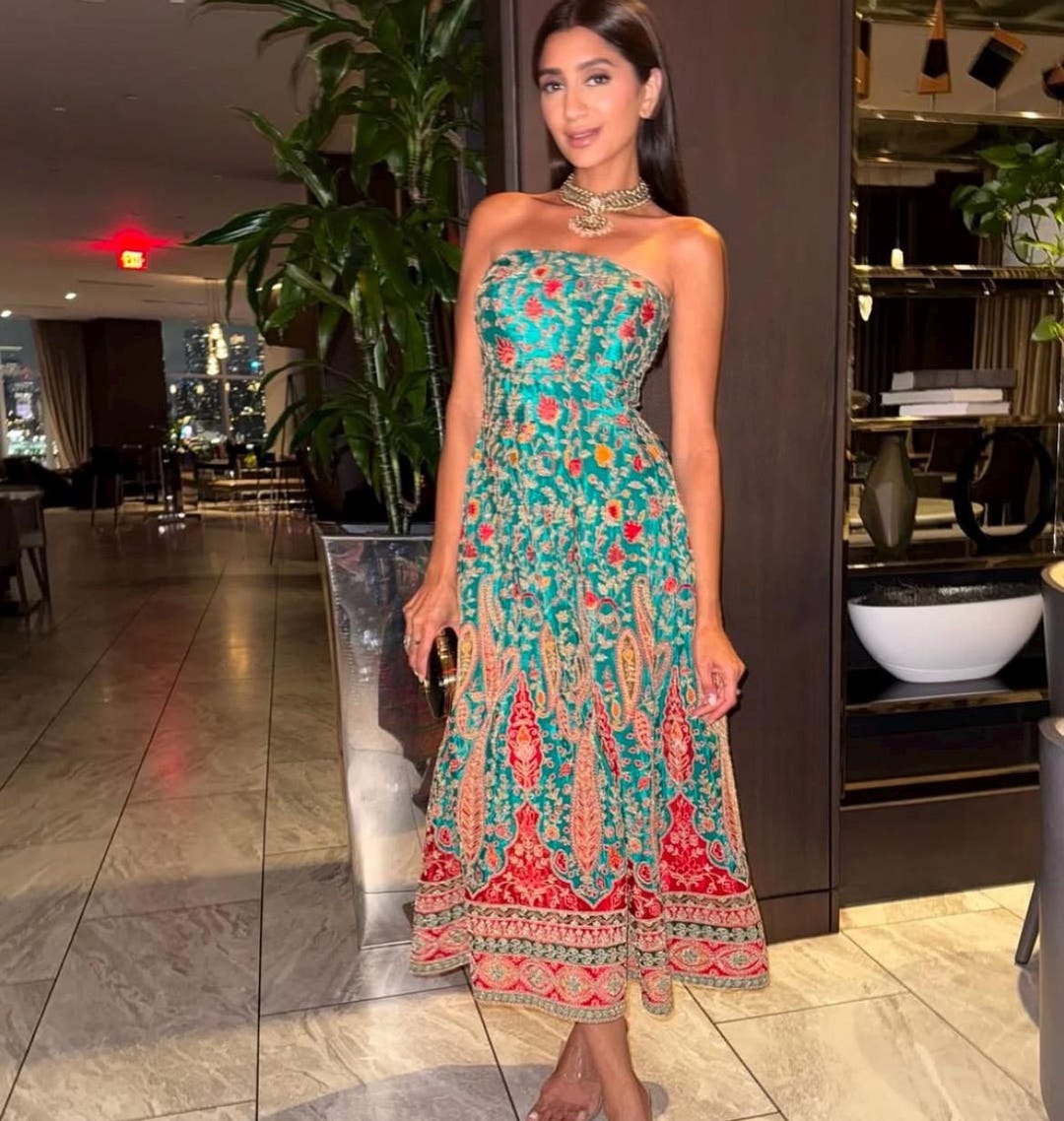 Long Evening Dress in Sparkling Blue With Open Shoulders and Corset ...