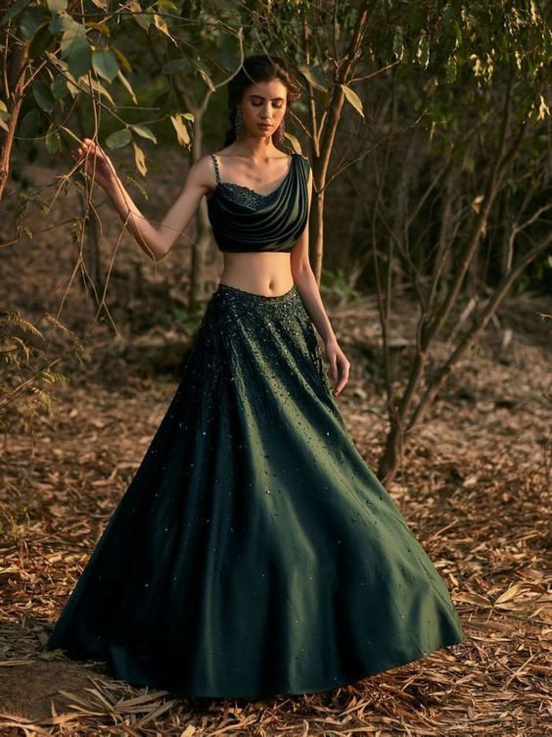 One Shoulder Green Lehenga Choli for Women Indian Wedding Wear Choli ...