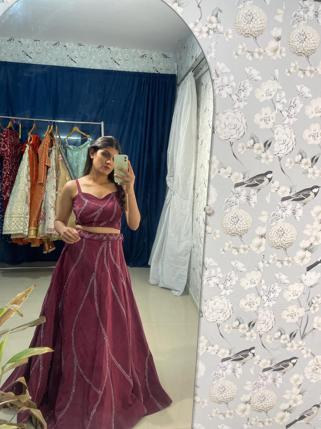 Floral Maroon Lehenga Set on Silk/ Custom Stiched/ Made to Measure ...