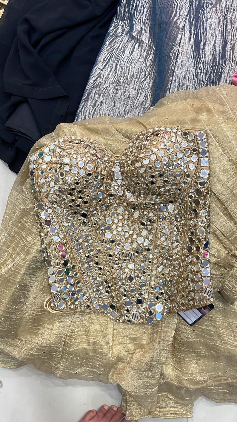 Mirror Work Corset Top: Handcrafted Gold Embellished Bustier, Party ...