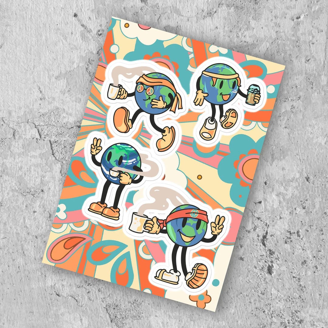 Cute Retro Earth Day Sticker Sheet, Green Living Planet Sticker, Hippie ...