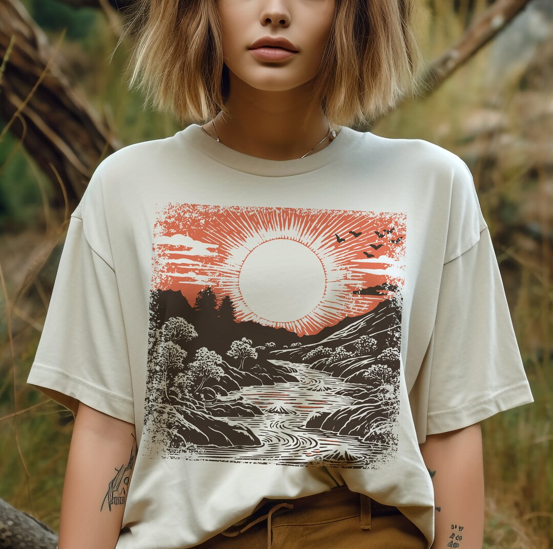 Sunset Landscape Vintage Shirt, Beauty of Nature Tee, Hiking Top, River ...