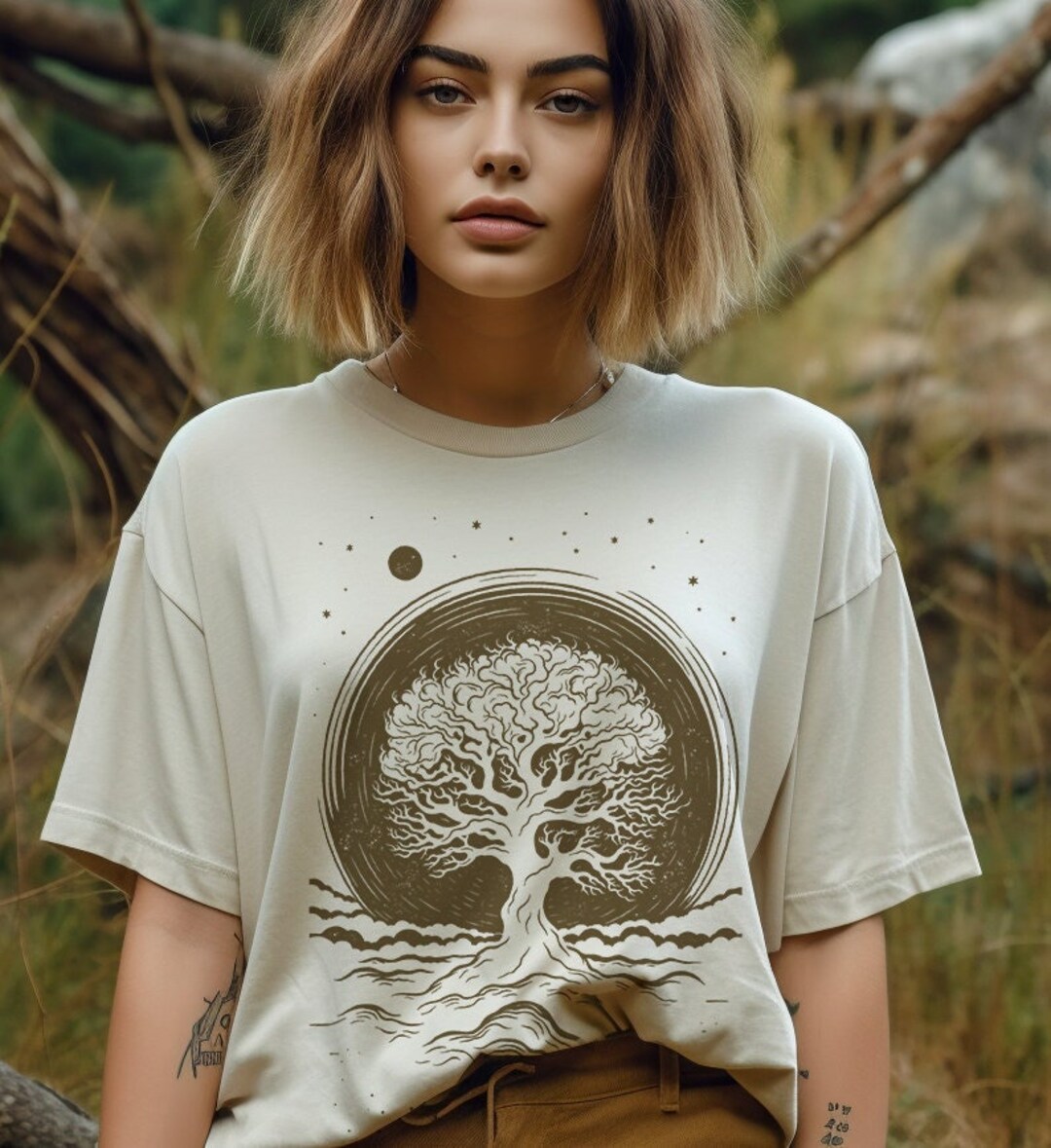 Tree of Life Tee, Celestial Distressed Unisex Casual Block Print Style ...