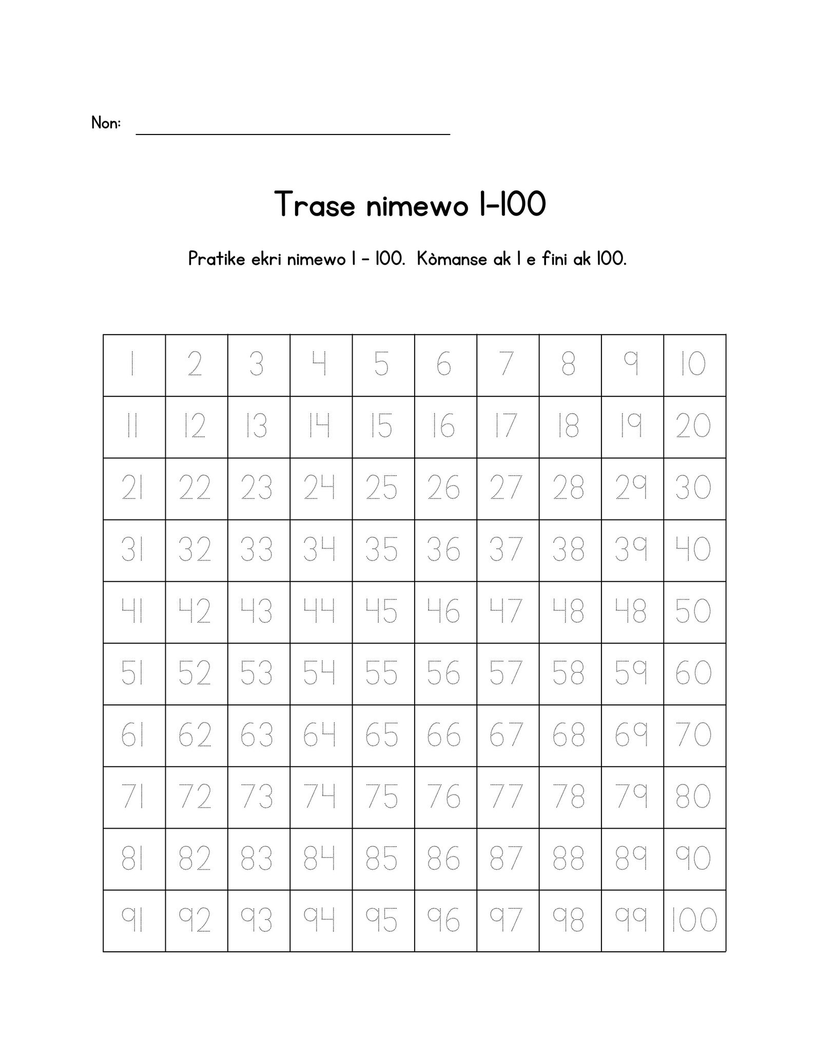 Number Tracing 1-100 (haitian Creole) - Etsy