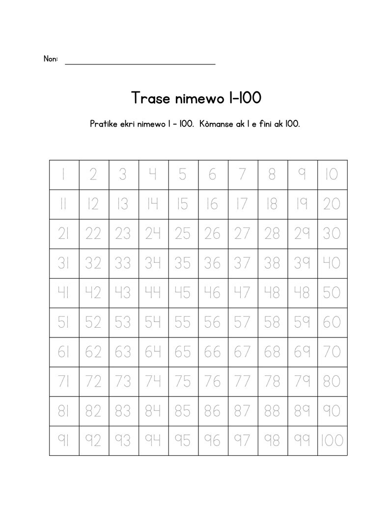 Number Tracing 1-100 (haitian Creole) - Etsy