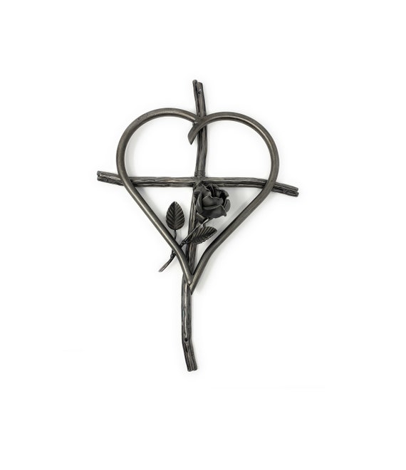 Metal Cross With Rose and Heart | Etsy