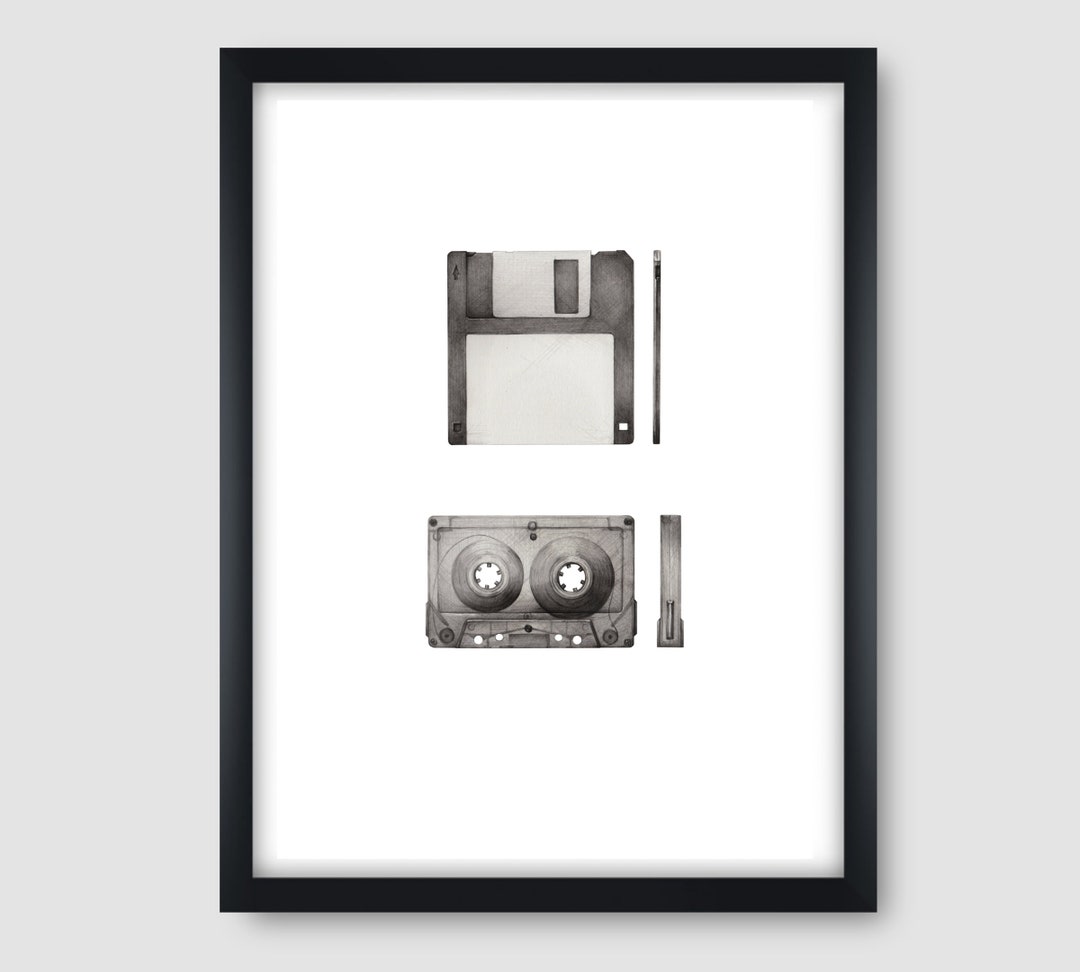 Old Floppy Disc and Cassette Tape Print, 3.5 Inch Drawing, Cassette ...