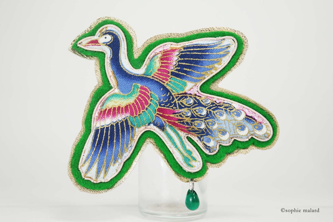 Hand-embroidered Brooch in Japanese Fabric With Peacock Kujaku Motif ...