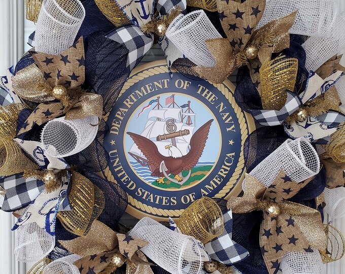 US Navy Deco Mesh Wreath, Military Front Door Wreath, Patriotic Wreath ...