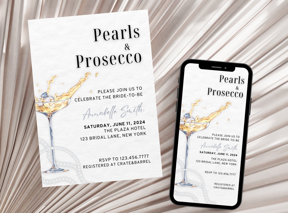 Pearls and Prosecco Bridal Shower Invitation Template Brunch and Bubbly ...