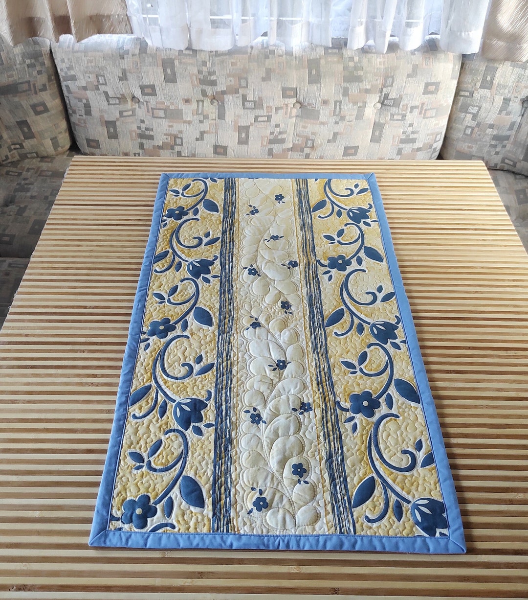 Blue Quilted Table Runner Handmade Floral Table Runner Vintage Table ...