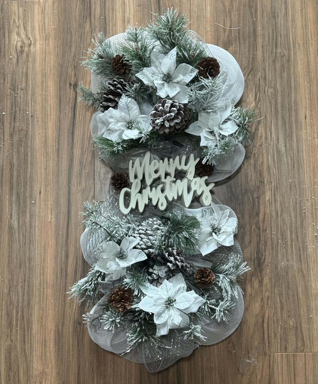 Silver and White Flocked Pine Deco Mesh Poinsettia Door Swag - Etsy
