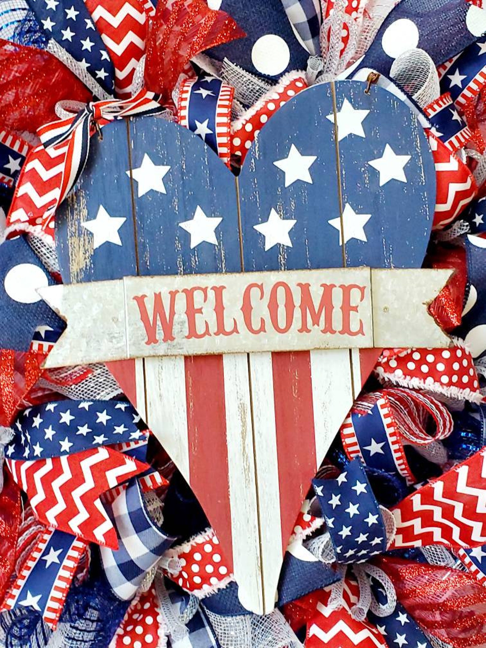 Red White and Blue Patriotic Deco Mesh Welcome Wreath - Etsy