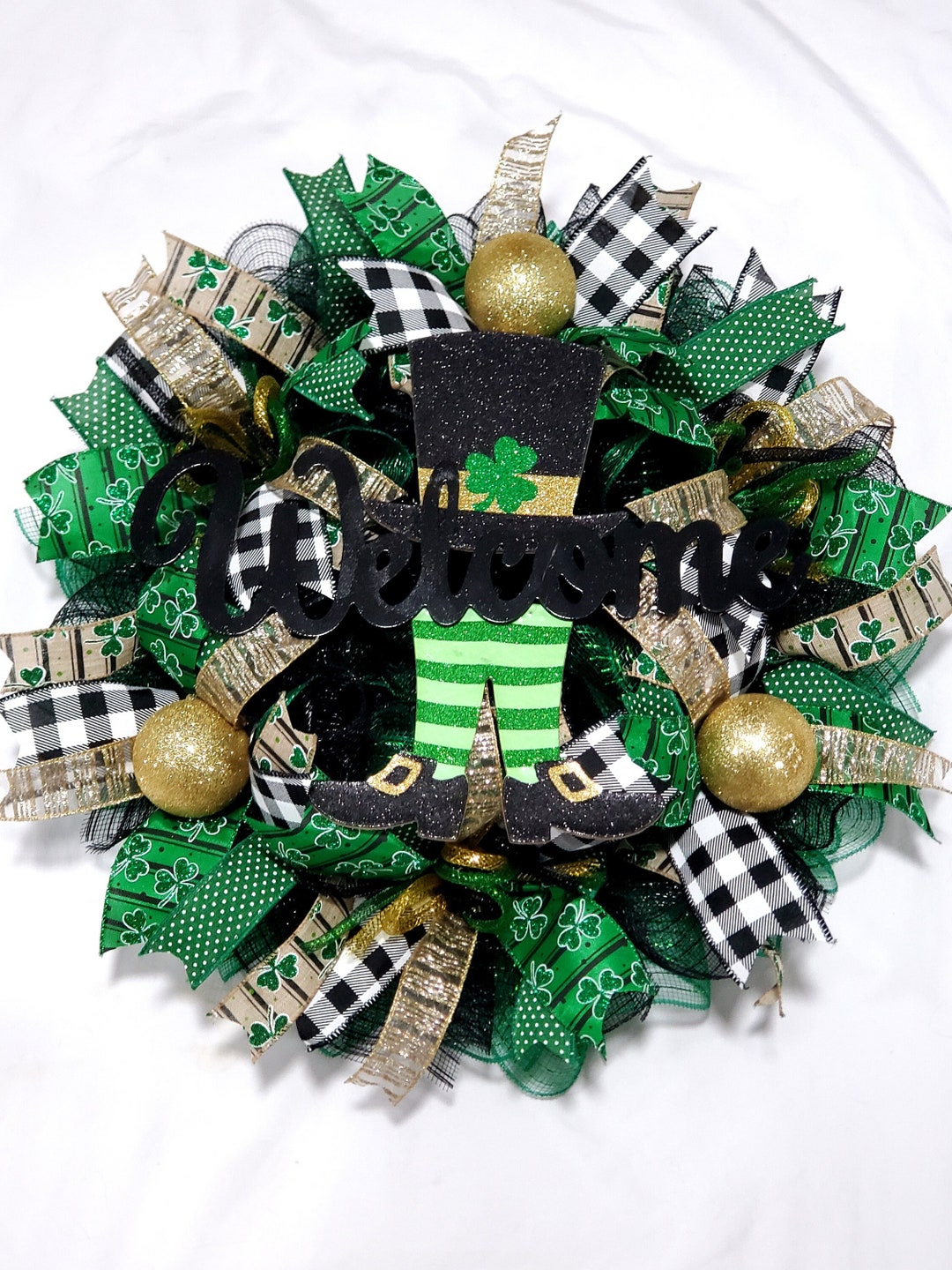 St. Patrick's Day Deco Mesh Shamrock Wreath/irish Wreath/green Black ...