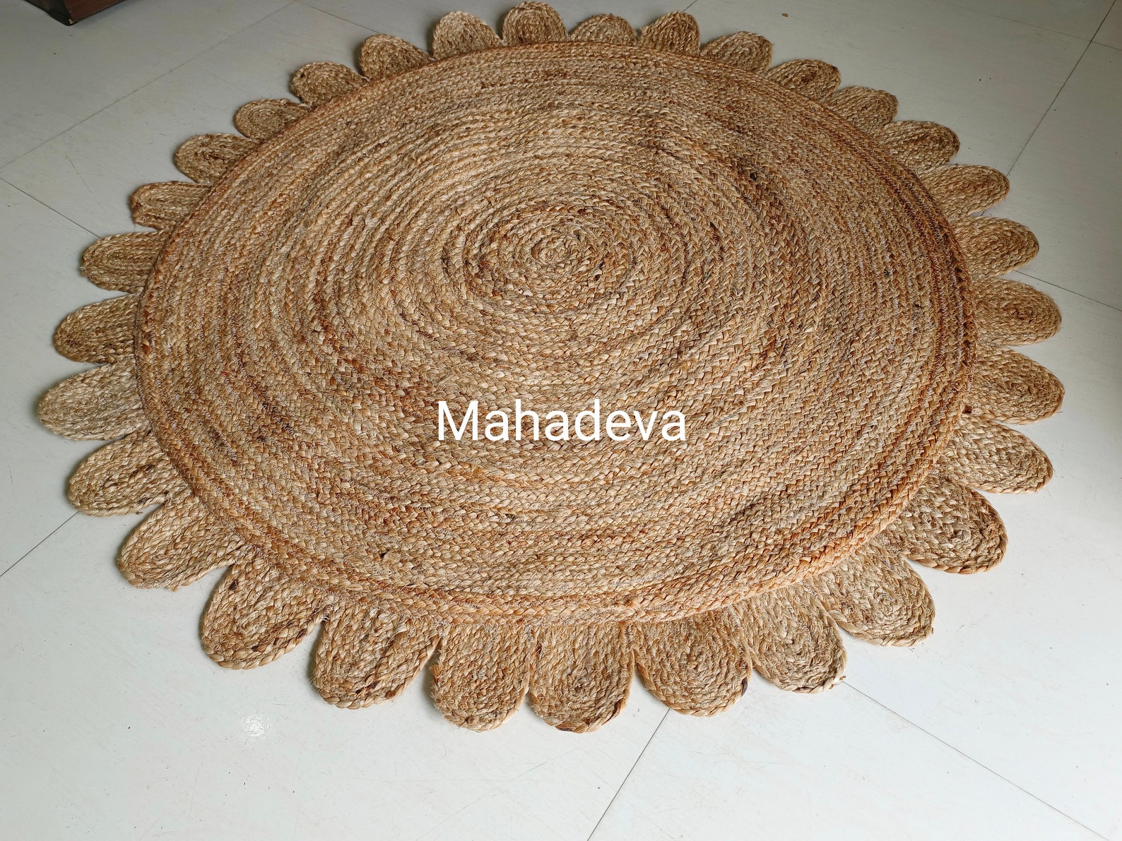 Natural Scalloped Border Edges Rug, Bohemian Scallop Edge Round Rug ...