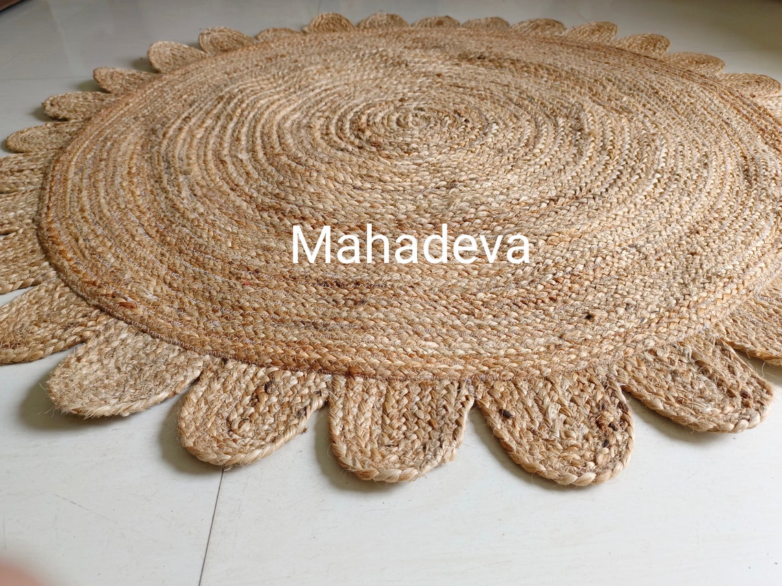 Natural Scalloped Border Edges Rug, Bohemian Scallop Edge Round Rug ...