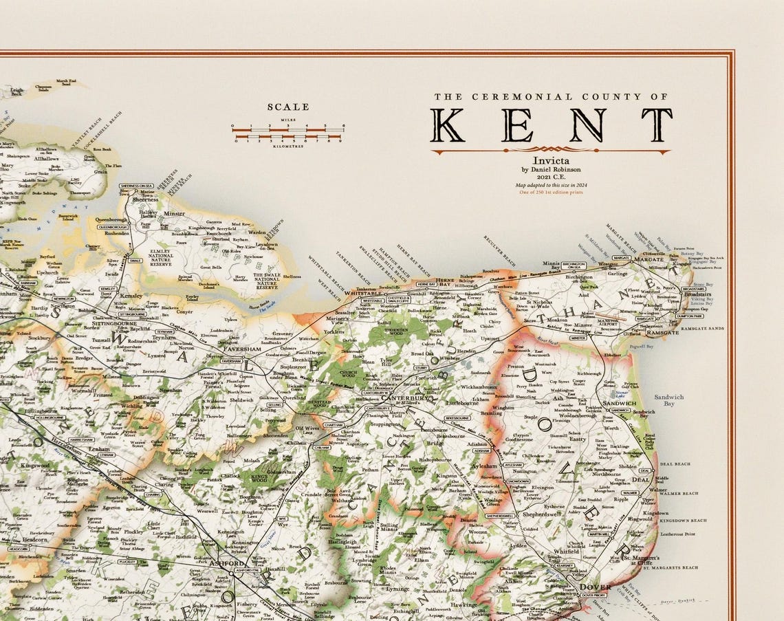 Kent Map Print - Kent Wall Map - Vintage Map of Kent - Map of Kent ...