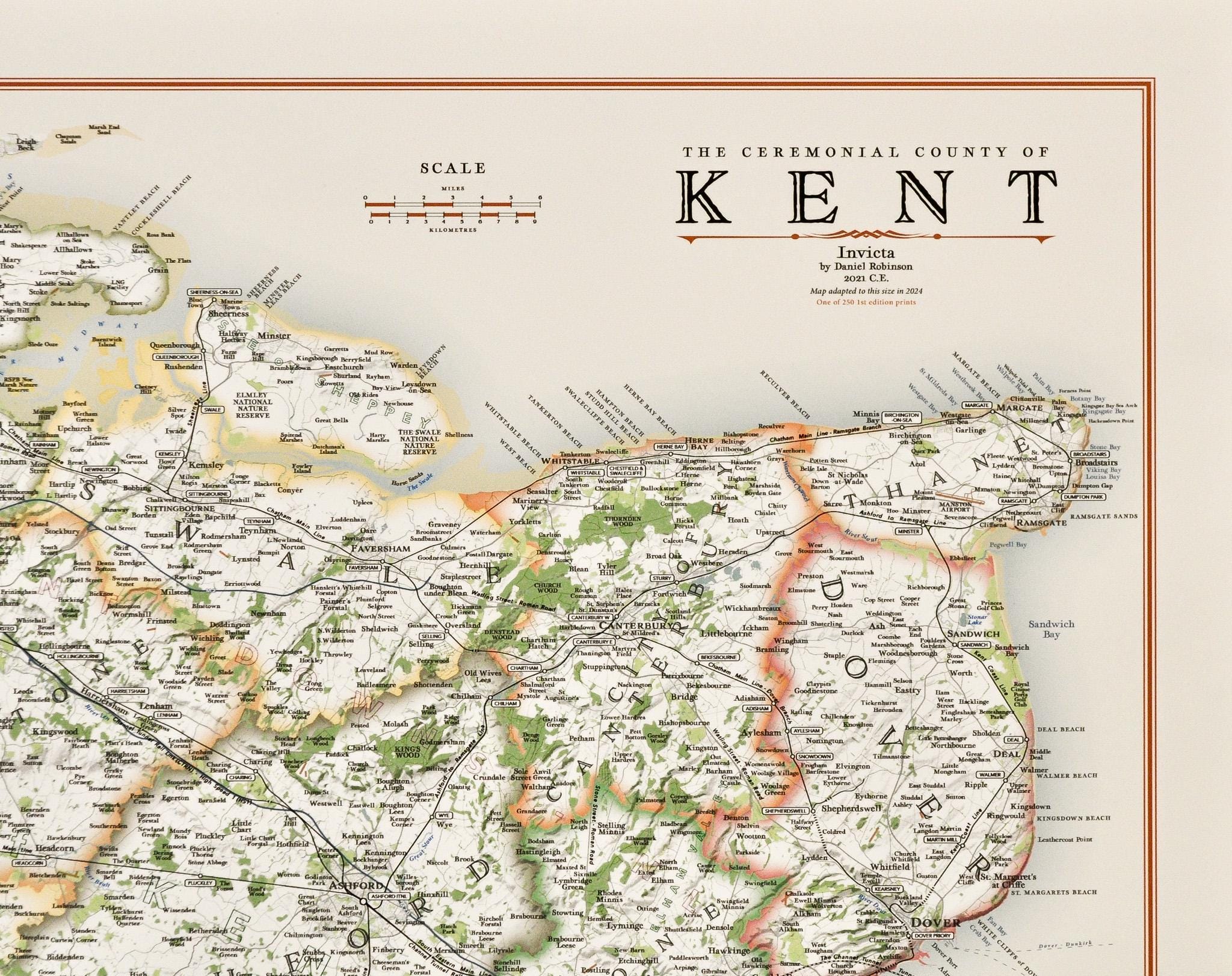 Kent Map Print - Kent Wall Map - Vintage Map of Kent - Map of Kent ...