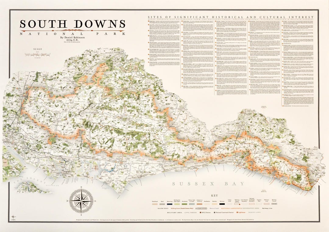 South Downs National Park Wall Map: Vintage Style Giclee Print - South ...