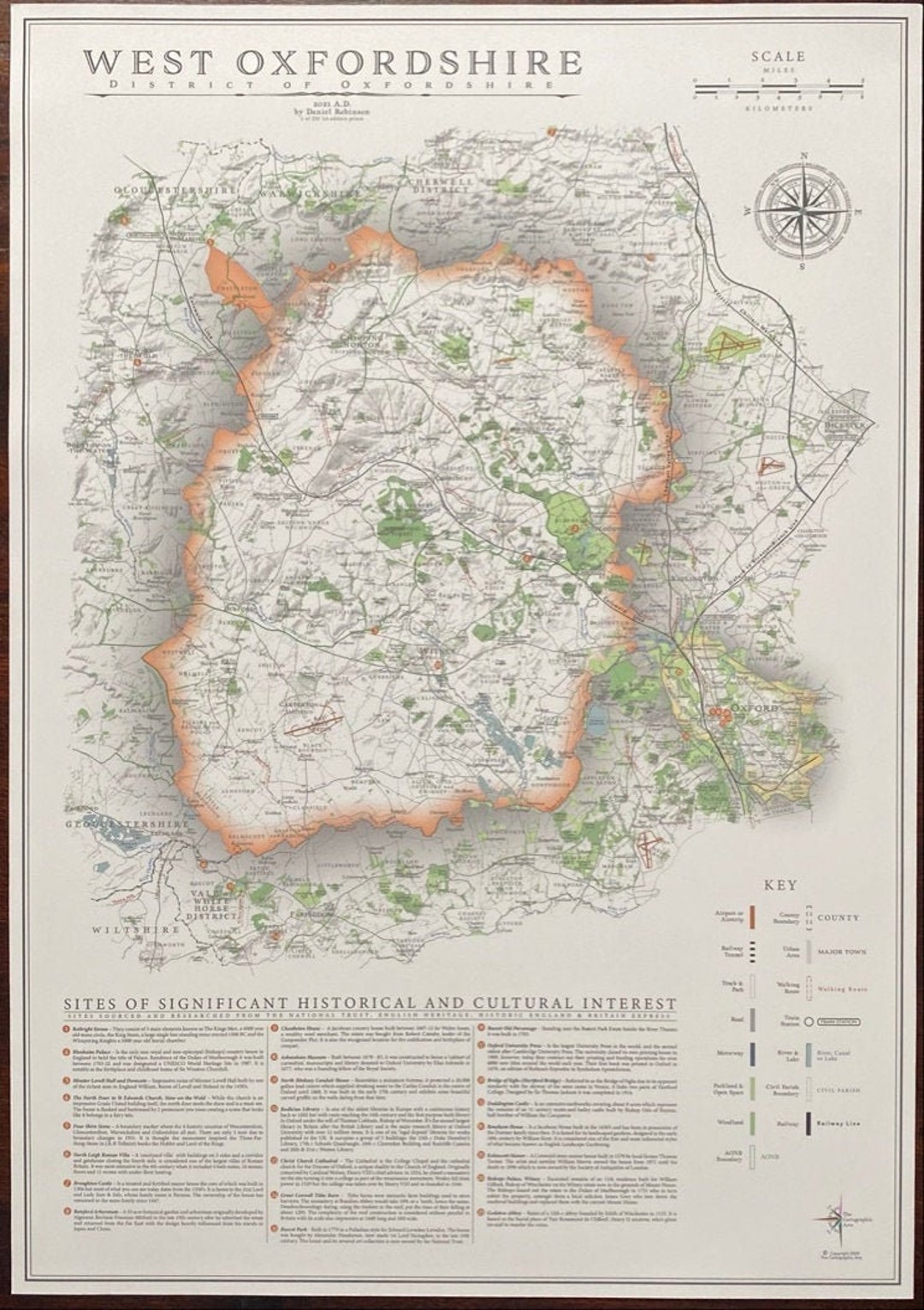 West Oxfordshire Map Decorative Map of West Oxfordshire Vintage Style ...