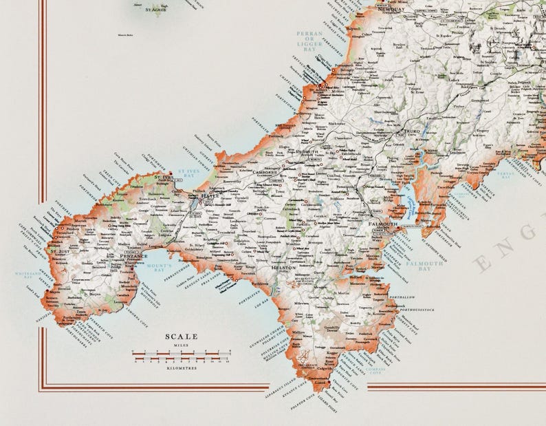 Map of Cornwall - Cornwall Map Print - Cornwall Wall Map - Vintage Map ...