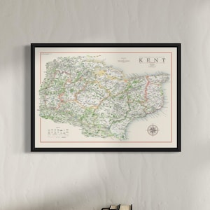 Kent Map Print - Kent Wall Map - Vintage Map of Kent - Map of Kent ...